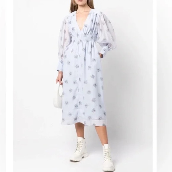 Ganni | Dresses | Ganni Puff Sleeve Organza Heather Blue Floral Printed ...